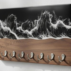 Black Resin White Ocean Waves Key Holder | Handmade Coastal Wall ...