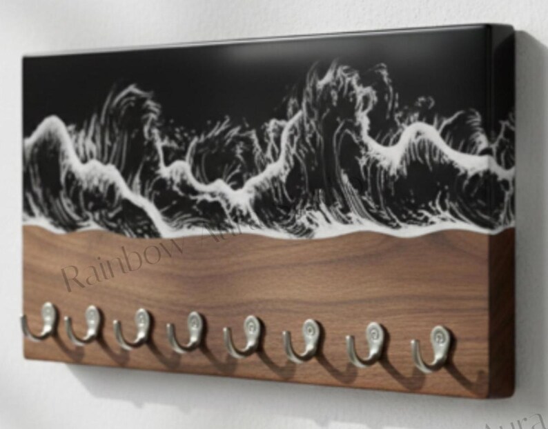 Black Resin White Ocean Waves Key Holder | Handmade Coastal Wall ...