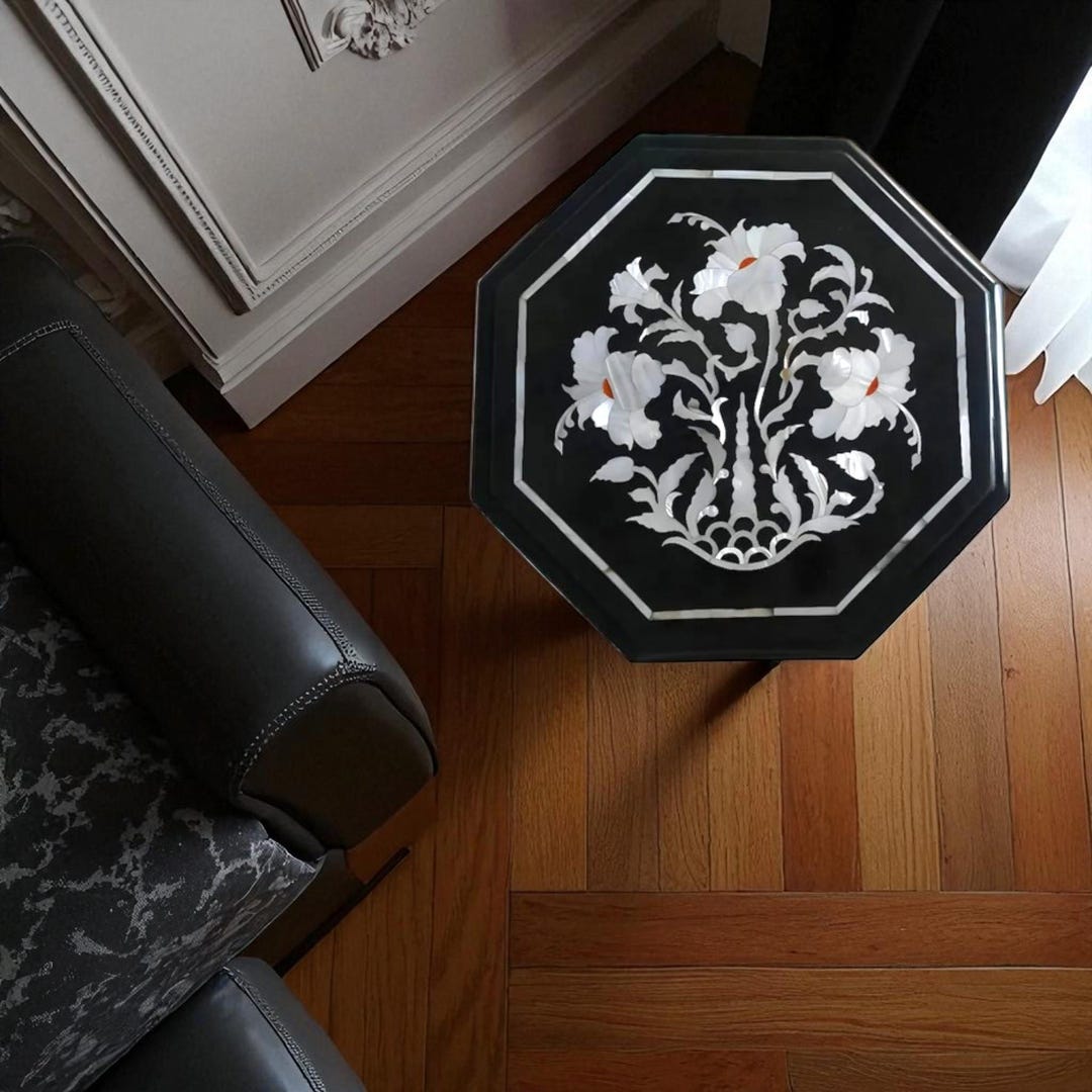 Handcrafted Black Marble Octagon Table | Mother of Pearl Inlay - Etsy