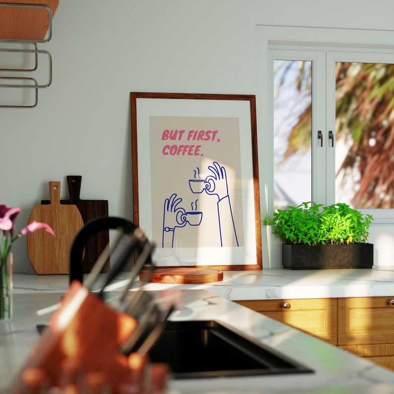Coffee Quote Print: "but First, Coffee" - Modern Kitchen Cafe Art ...