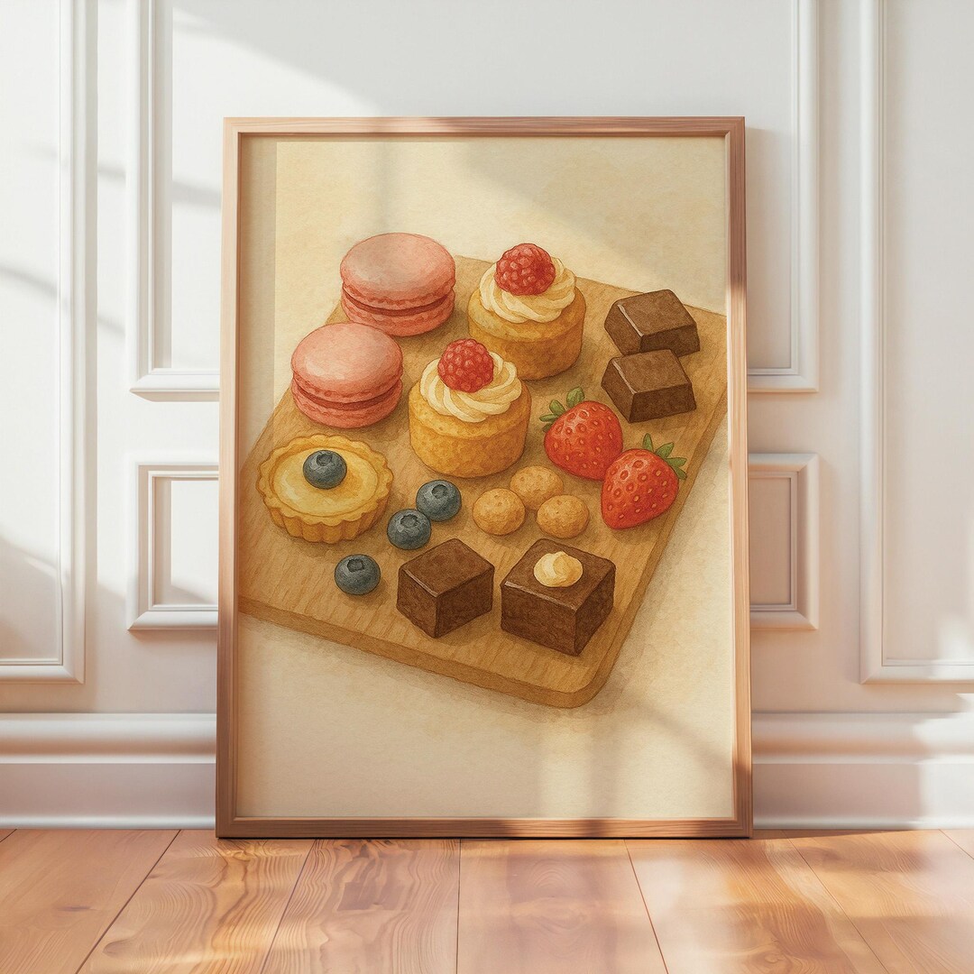 Dessert Platter Wall Art, Sweet Treats Kitchen Print, Macaron Chocolate ...