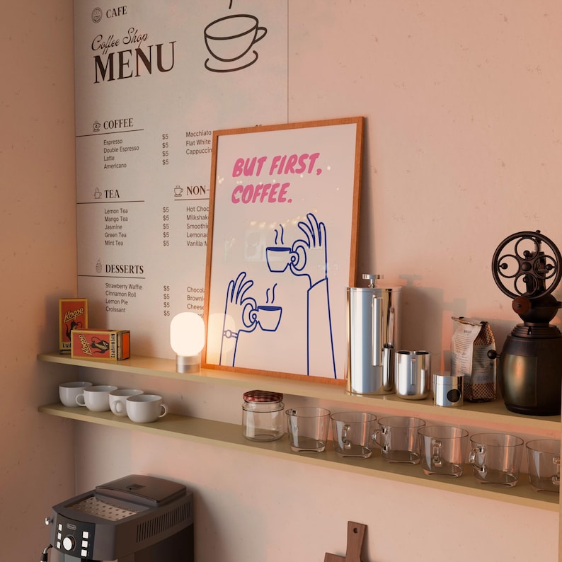 Coffee Quote Print: "but First, Coffee" - Modern Kitchen Cafe Art ...