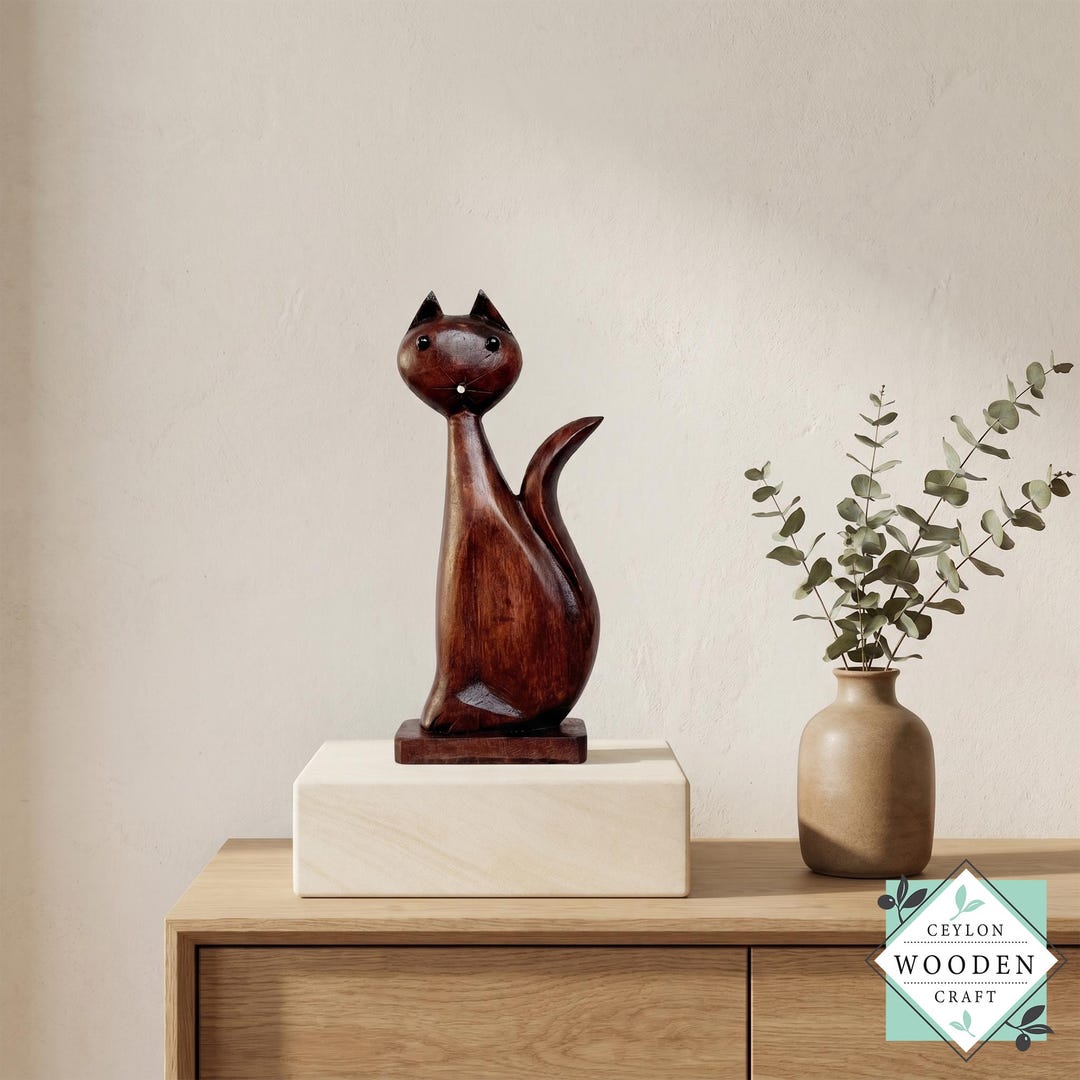 Hand-carved Mahogany Wood Abstract Cat Statue - Mid-century Modern Pet ...