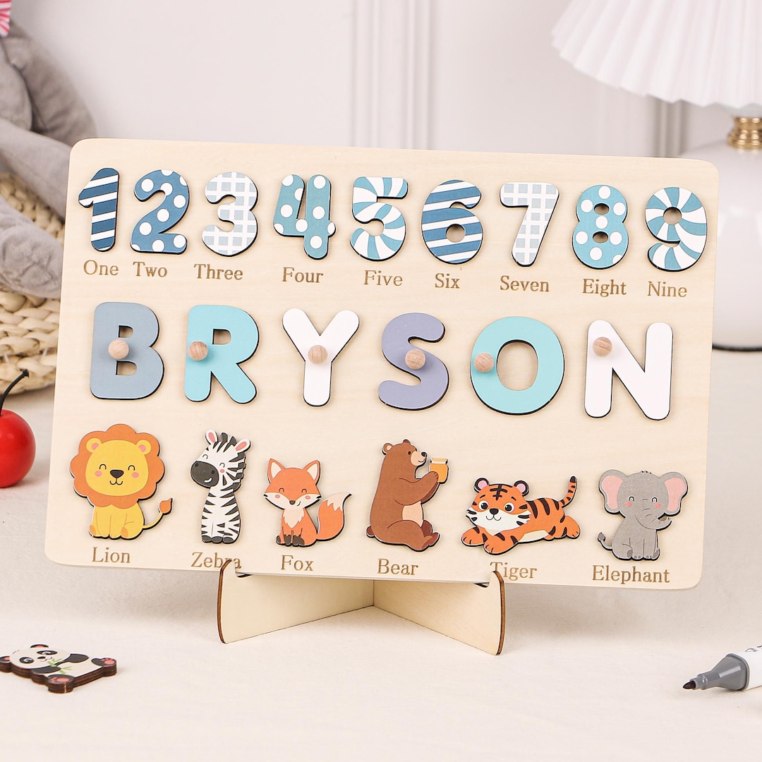 Personalized Wooden Name Puzzle: Animals & Numbers, First Birthday Gift ...