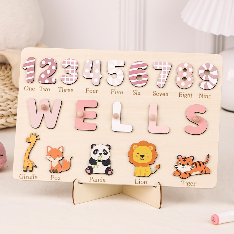 Personalized Wooden Name Puzzle: Animals & Numbers, First Birthday Gift ...