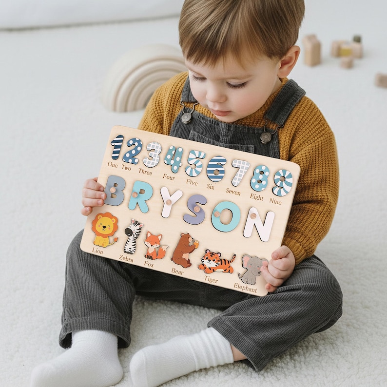 Personalized Wooden Name Puzzle: Animals & Numbers, First Birthday Gift ...