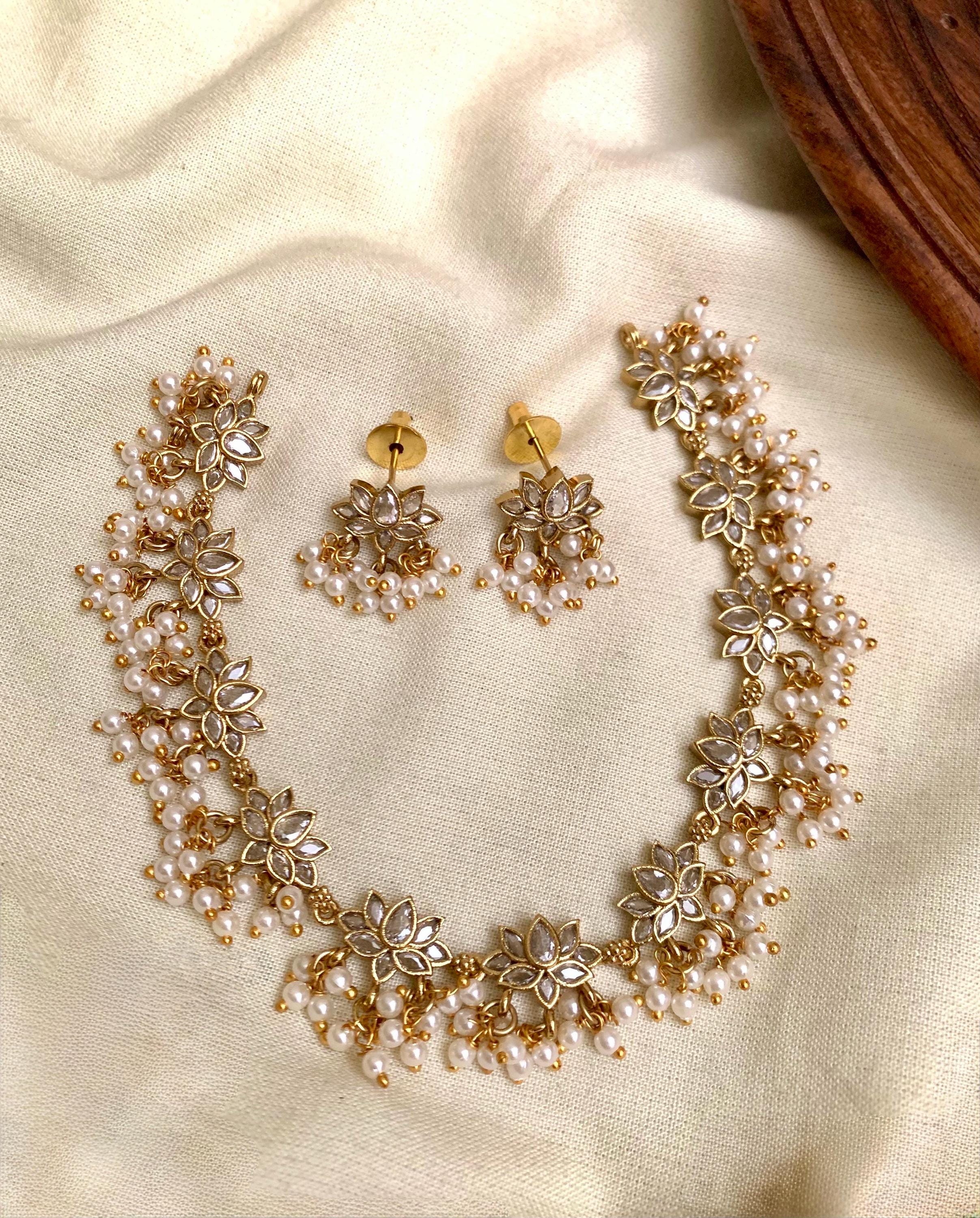 Lotus Pearl Choker Necklace Set With Earrings Kundan, Meenakari ...
