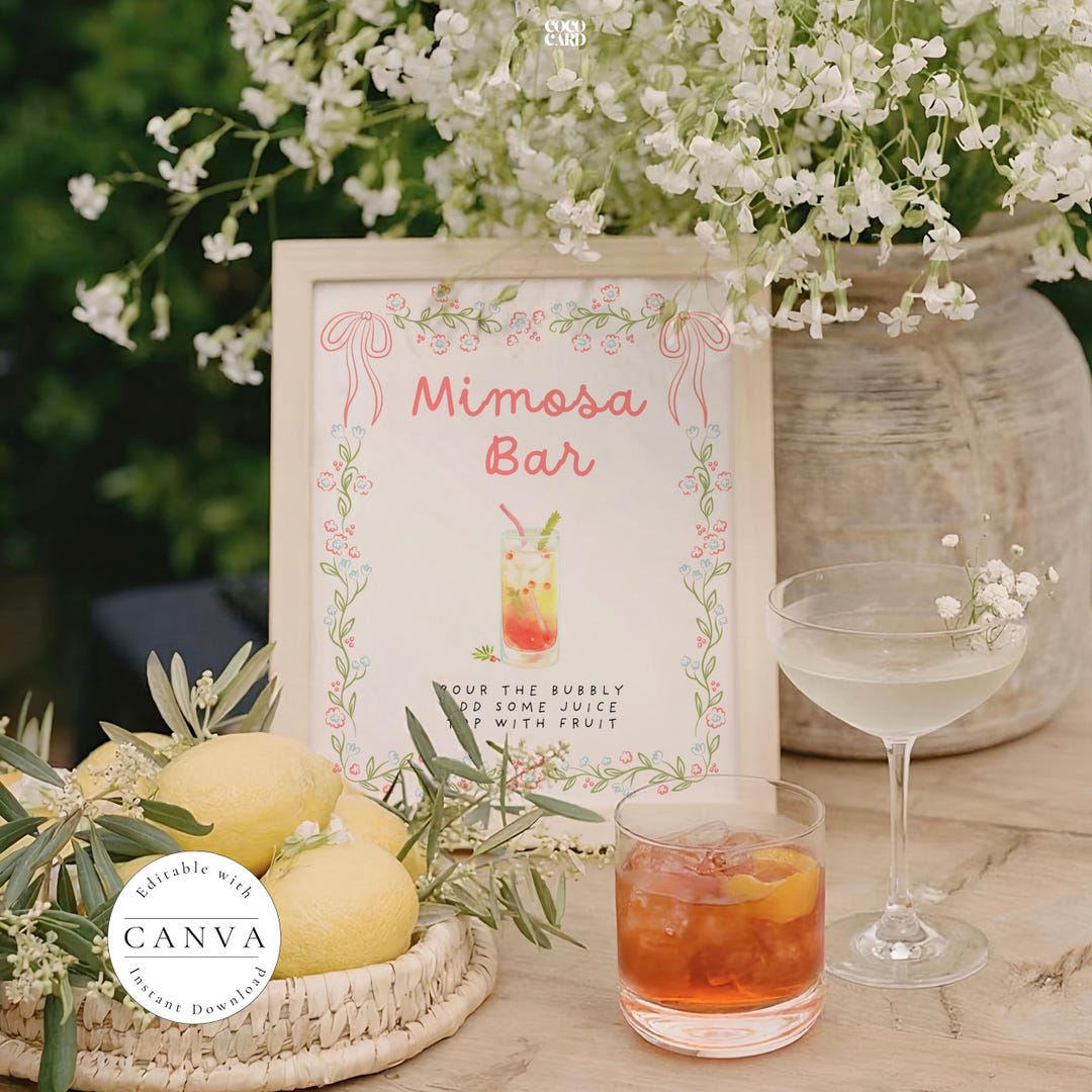 Editable Mimosa Bar Sign and Juice Label Template: Whimsical Hand Drawn ...