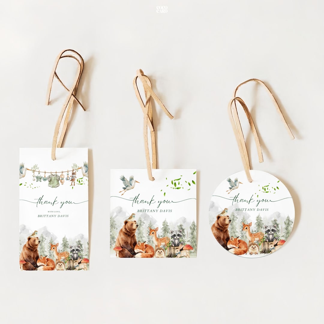 Woodland Baby Shower Favor Tag: Forest Animal Adventure Awaits Template ...