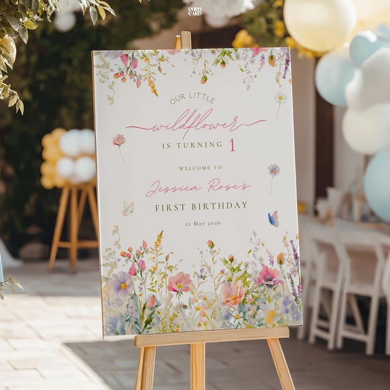 Wildflower First Birthday Welcome Sign Template: Boho Spring Floral ...