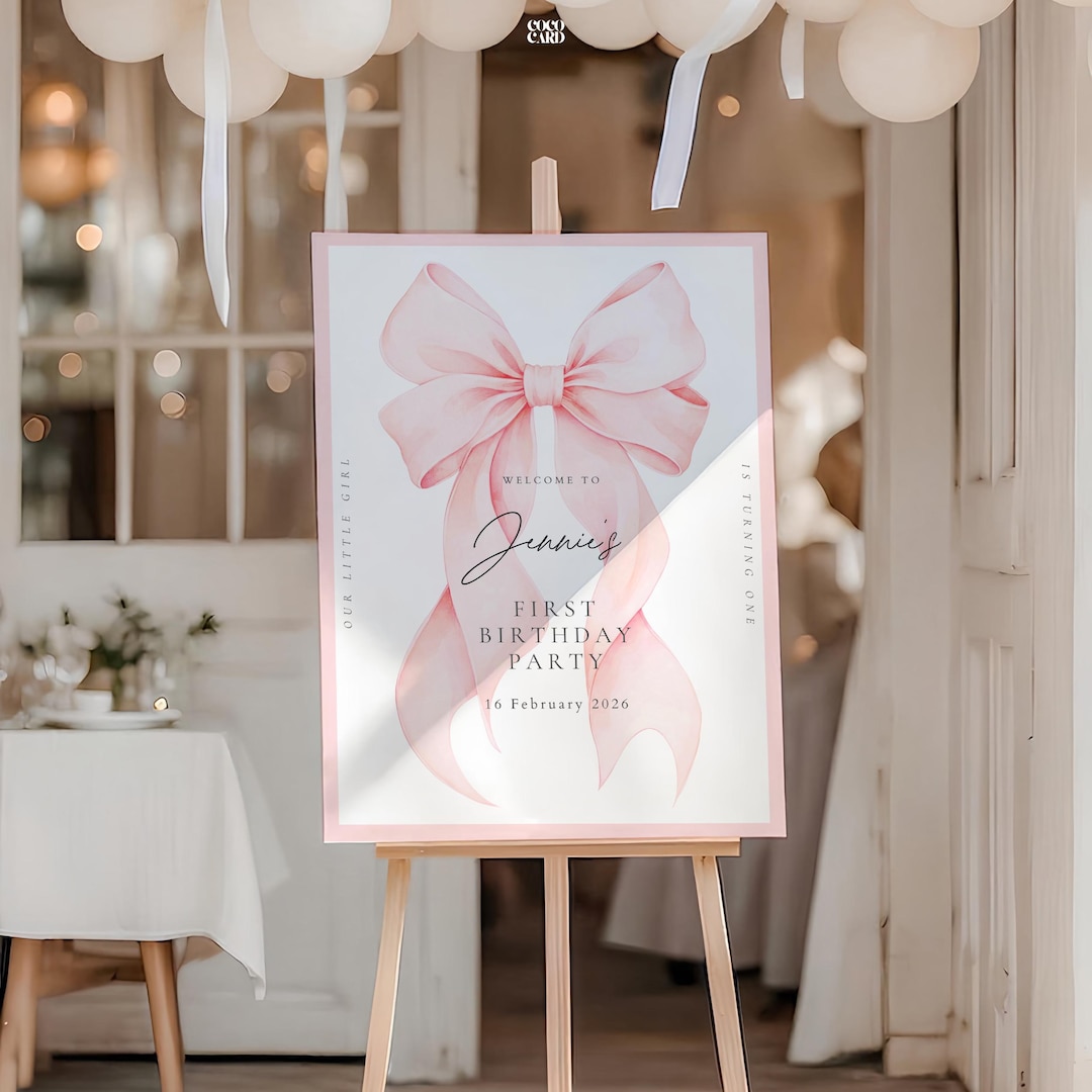 Blush Pink Bow Birthday Welcome Sign Template: Framed Classic Elegant ...