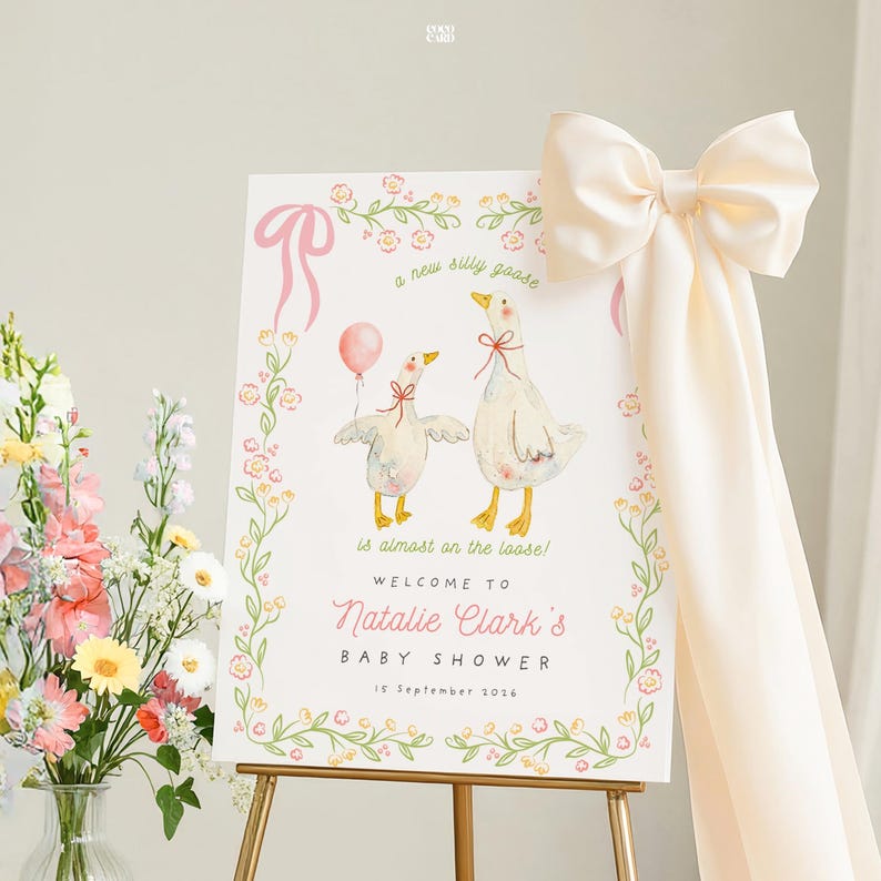 Silly Goose Baby Shower Welcome Sign Template: Whimsical Floral Pink ...
