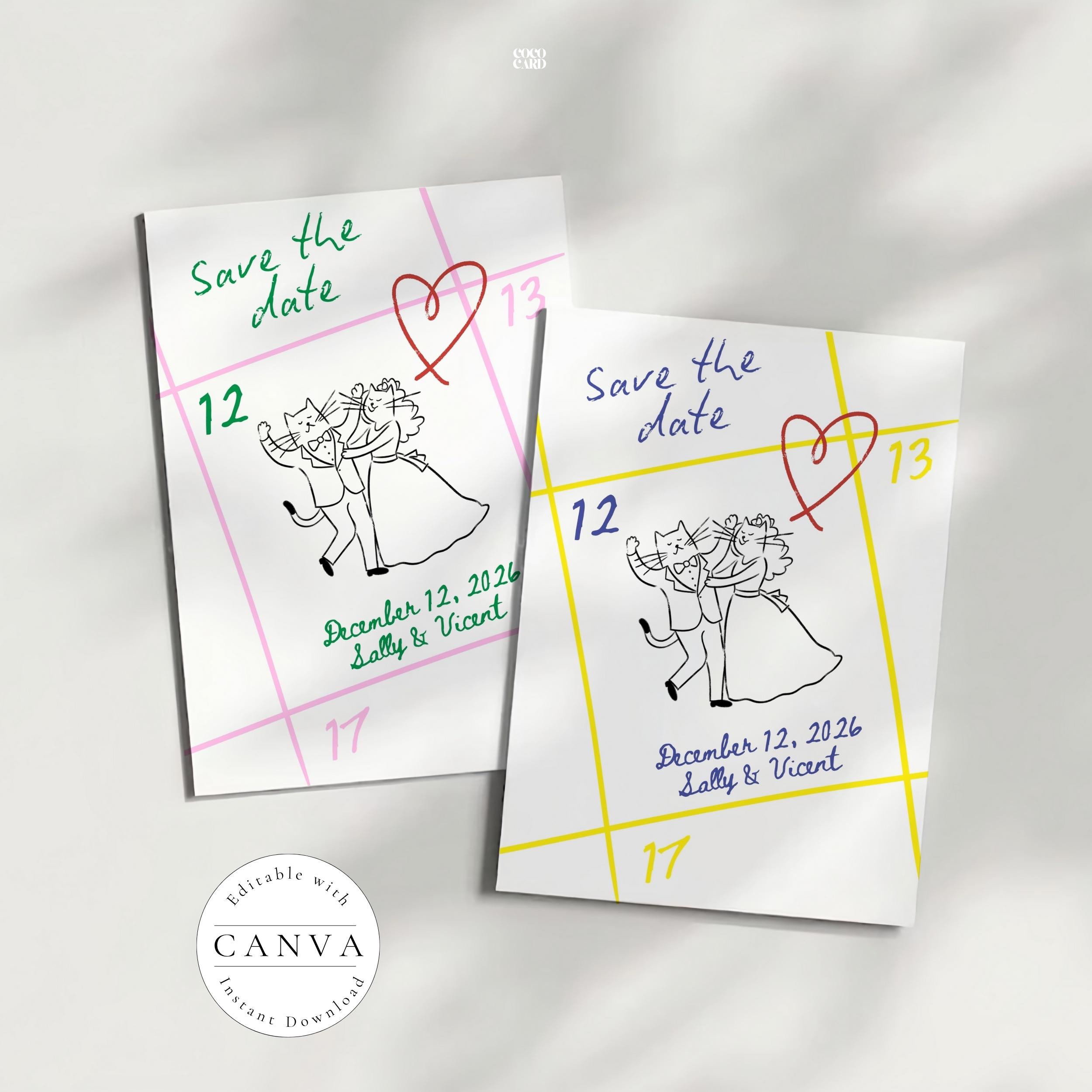 Hand Drawn Cats Save the Date Calendar Template: Whimsical Dancing ...