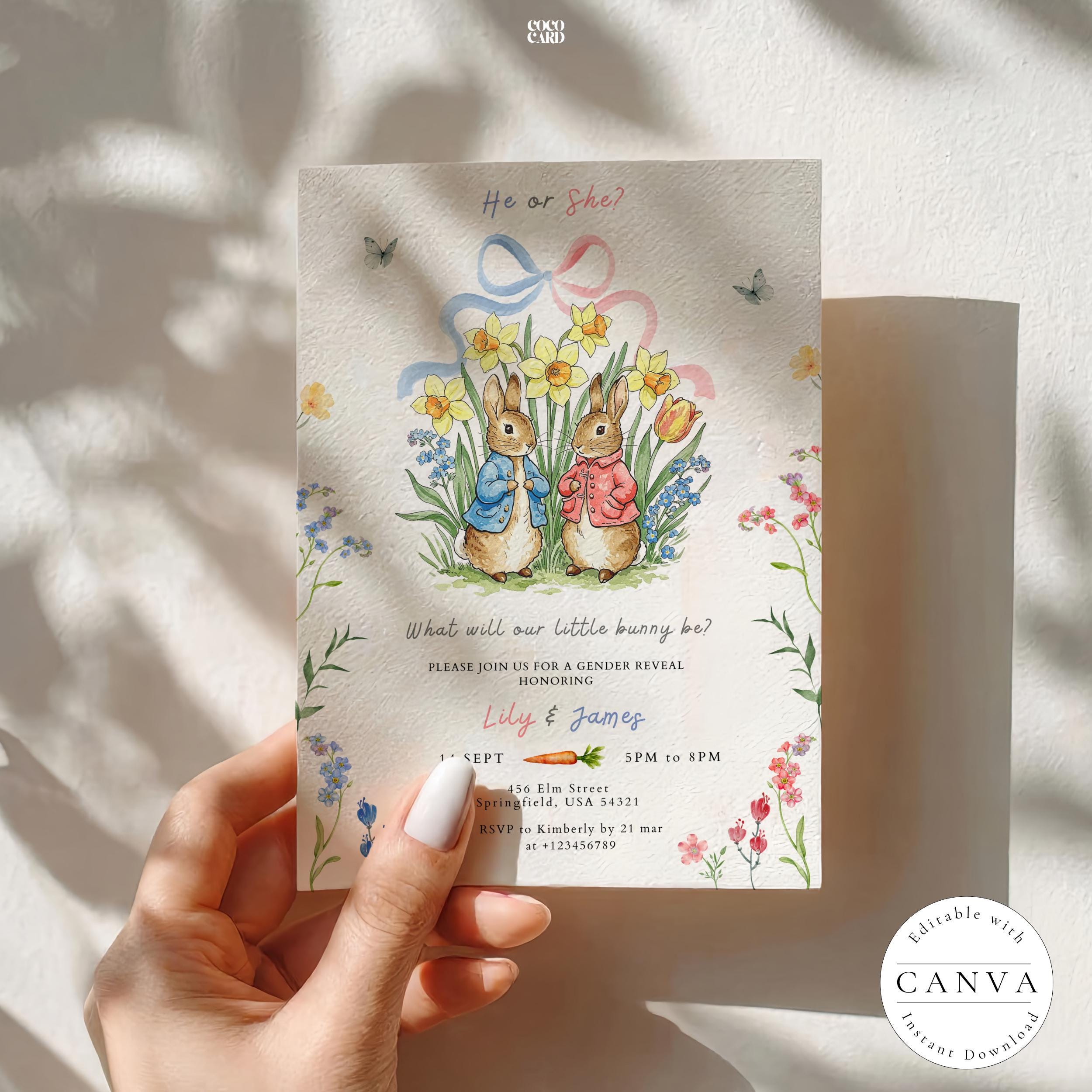 Peter Rabbit Gender Reveal Invitation Template: He or She What Will ...