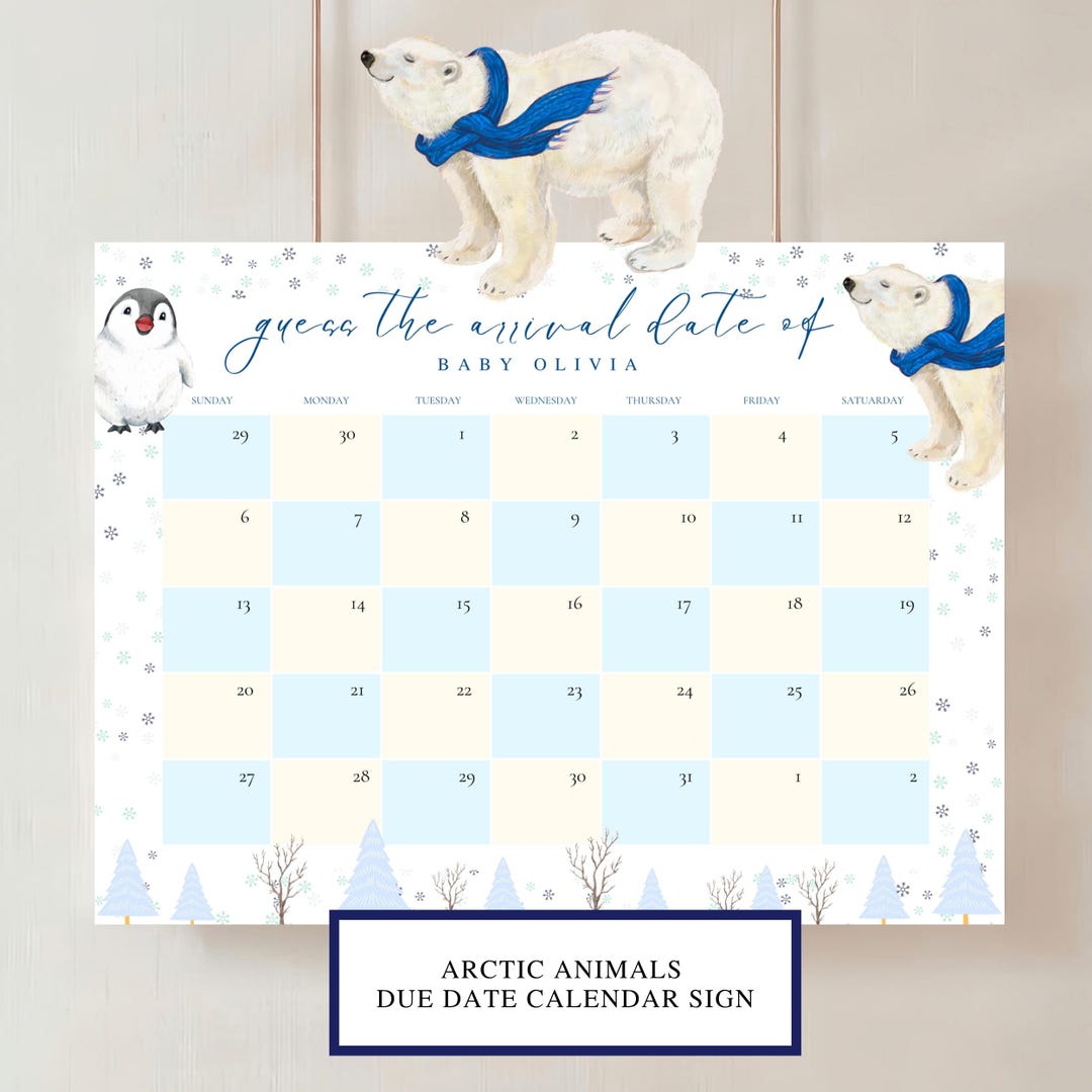 Arctic Animals Due Date Calendar Sign, Winter Baby Shower Game (canva ...