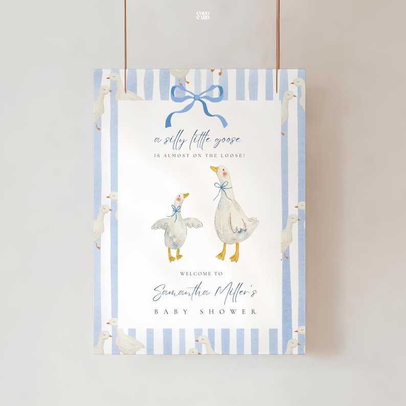 Silly Goose Baby Shower Welcome Sign Template: Striped Blue Bow Invite ...
