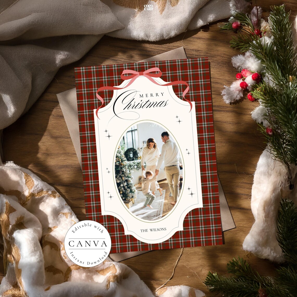 Plaid Photo Christmas Card Template: Red and Green Tartan (canva ...