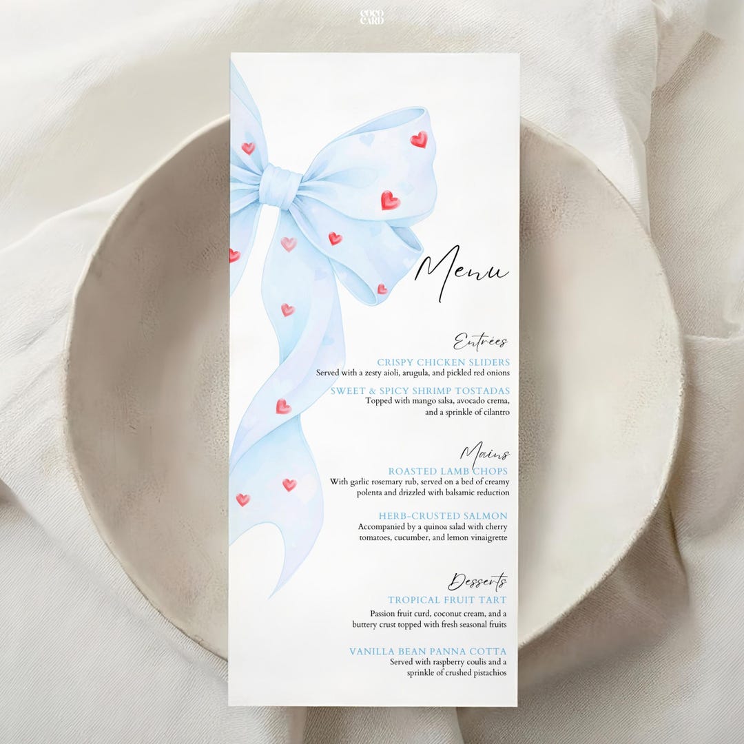 A Little Sweetheart Menu Template: Blue Bow Coquette Valentine's Day ...