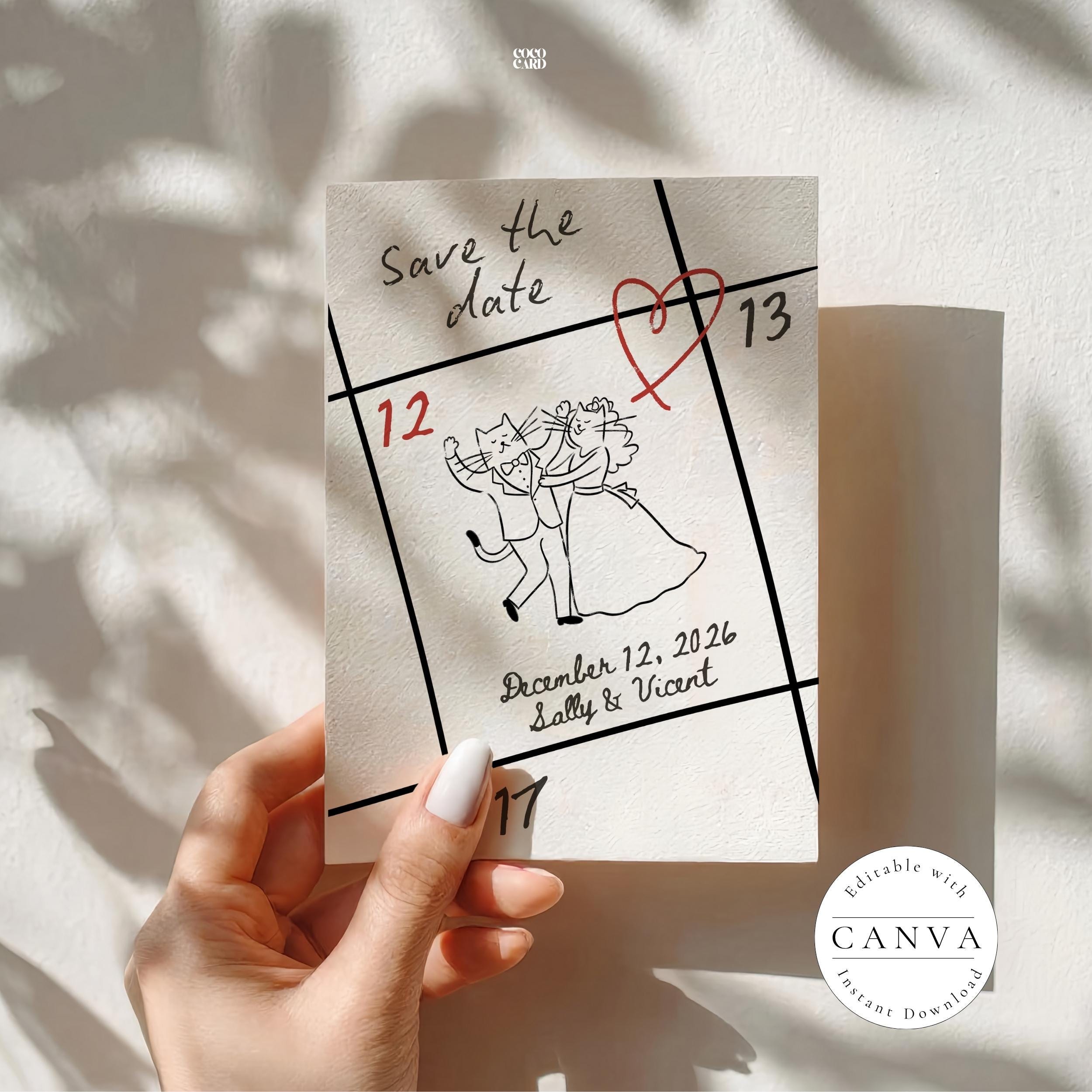 Hand Drawn Cats Save the Date Calendar Template: Whimsical Dancing ...