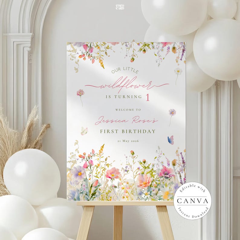 Wildflower First Birthday Welcome Sign Template: Boho Spring Floral ...