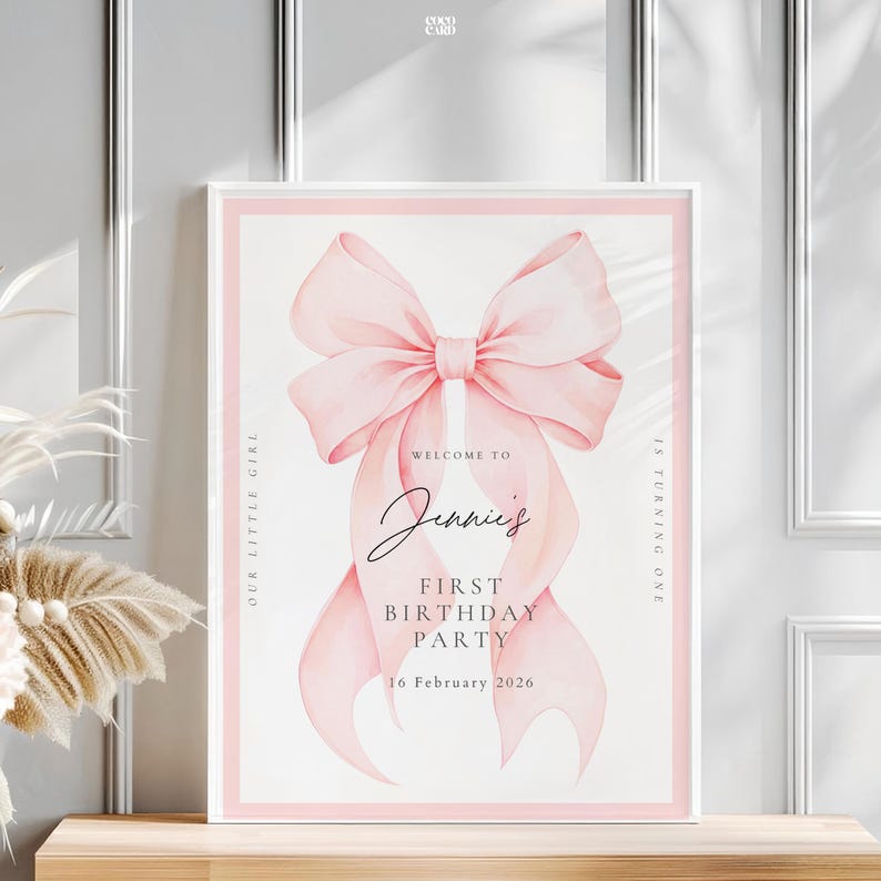 Blush Pink Bow Birthday Welcome Sign Template: Framed Classic Elegant ...