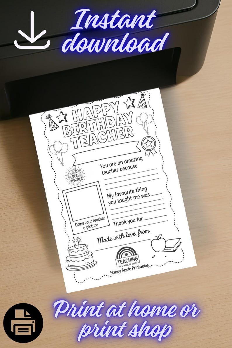 Happy Birthday Teacher Printable Gift – Colouring & Fill in Page, DIY ...