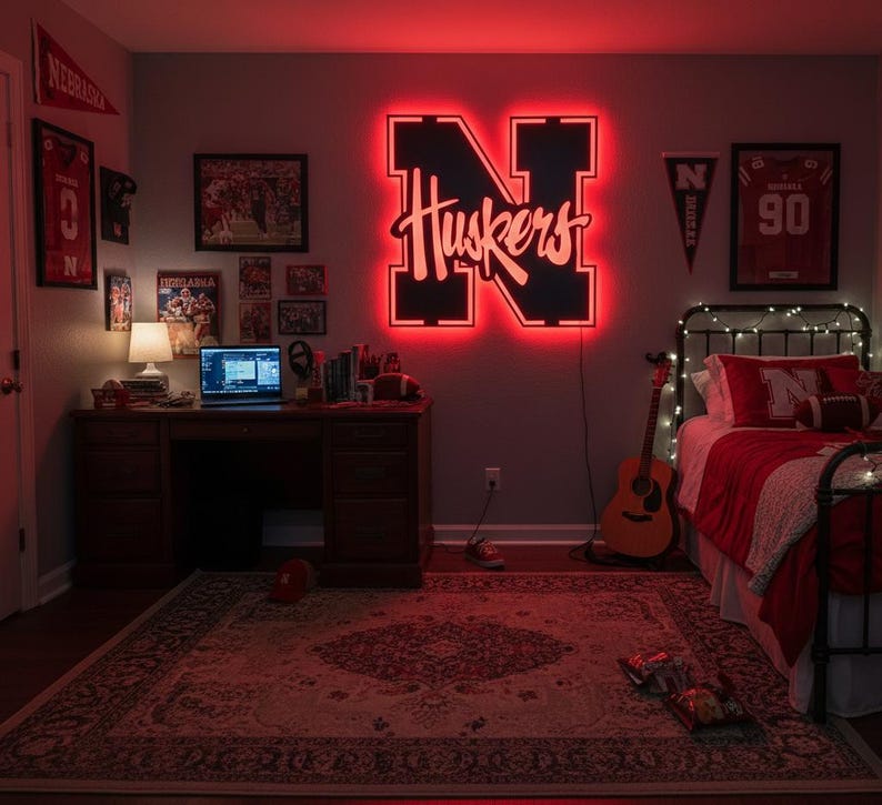 Nebraska Huskers LED Lighted Metal Wall Art, Football Logo LED Sign ...