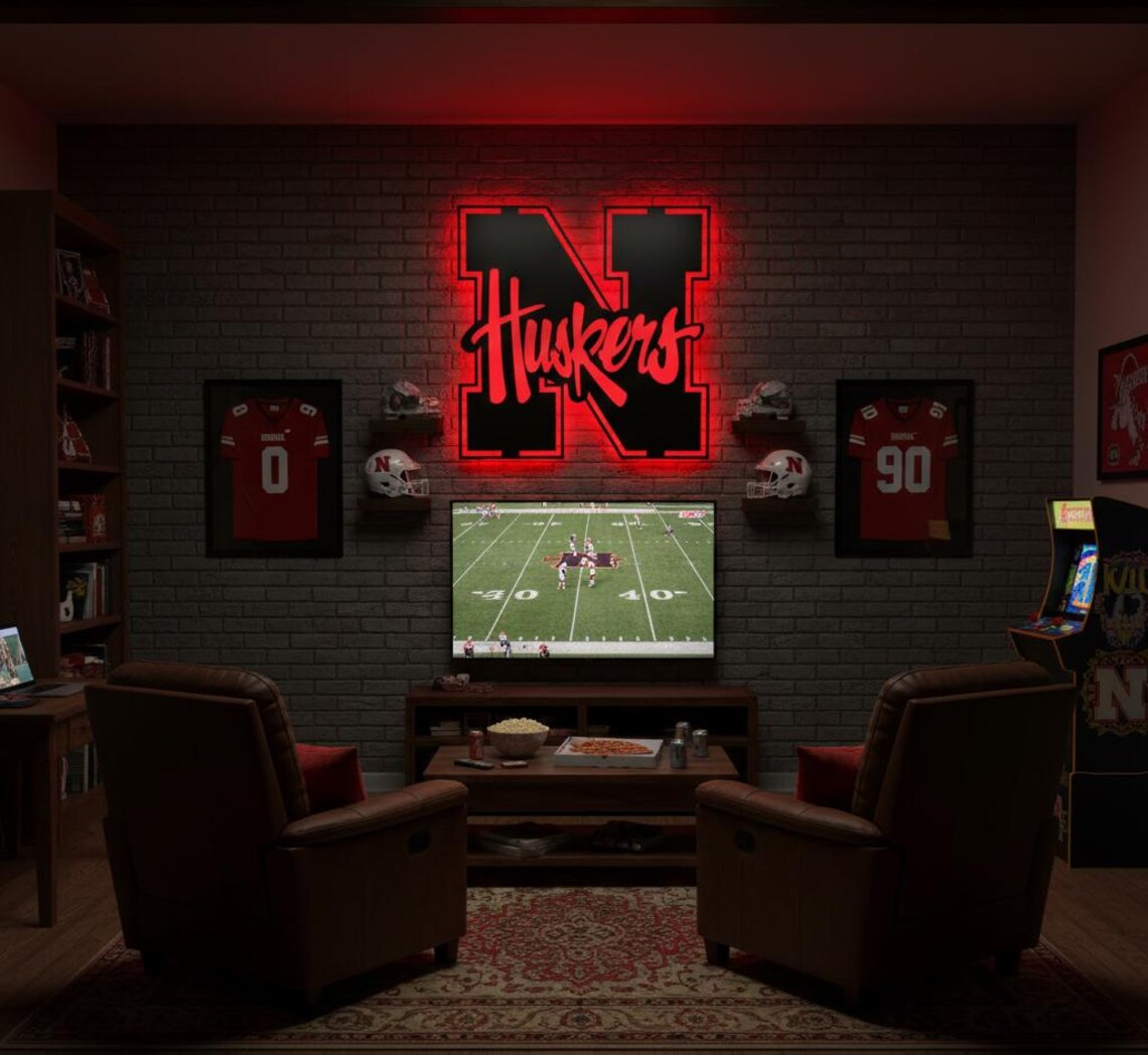 Nebraska Huskers LED Lighted Metal Wall Art, Football Logo LED Sign ...