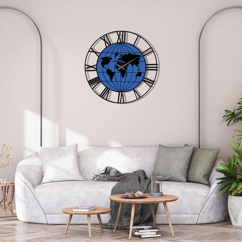 World Map Metal Wall Clock, Gift for Traveler, Oversized Office Wall ...