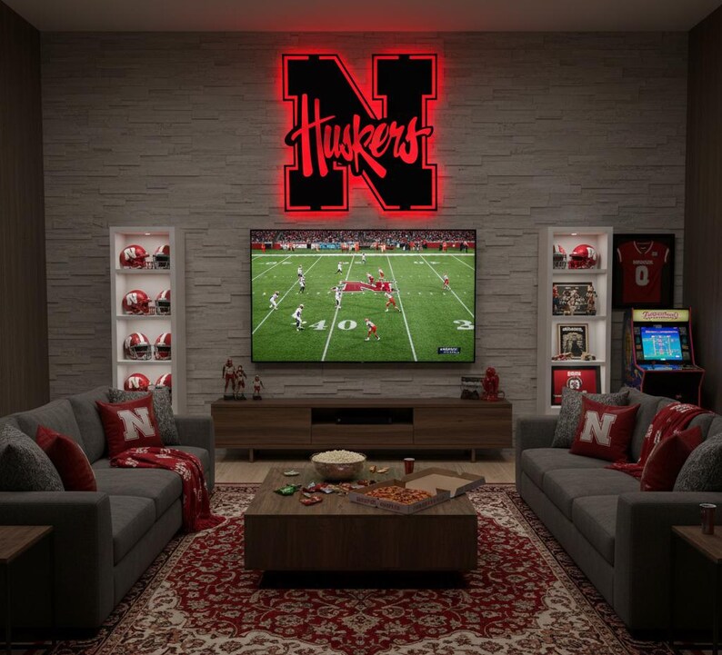 Nebraska Huskers LED Lighted Metal Wall Art, Football Logo LED Sign ...