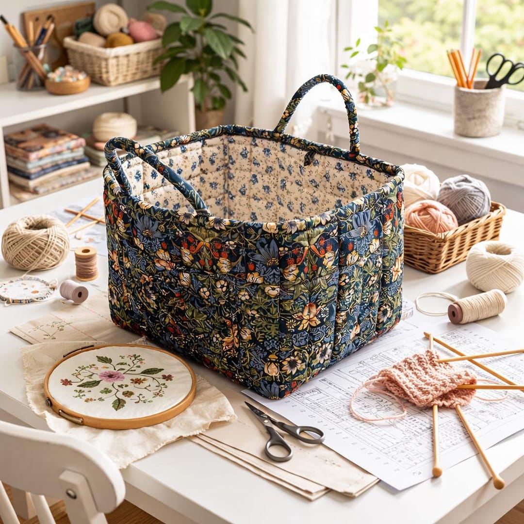 Floral Quilted Craft Basket, Sewing Organizer Bag for Knitting ...