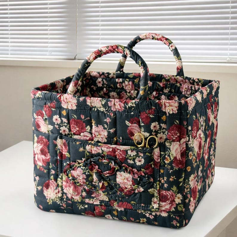 Floral Quilted Sewing Project Bag With Pockets, Embroidery Organizer ...
