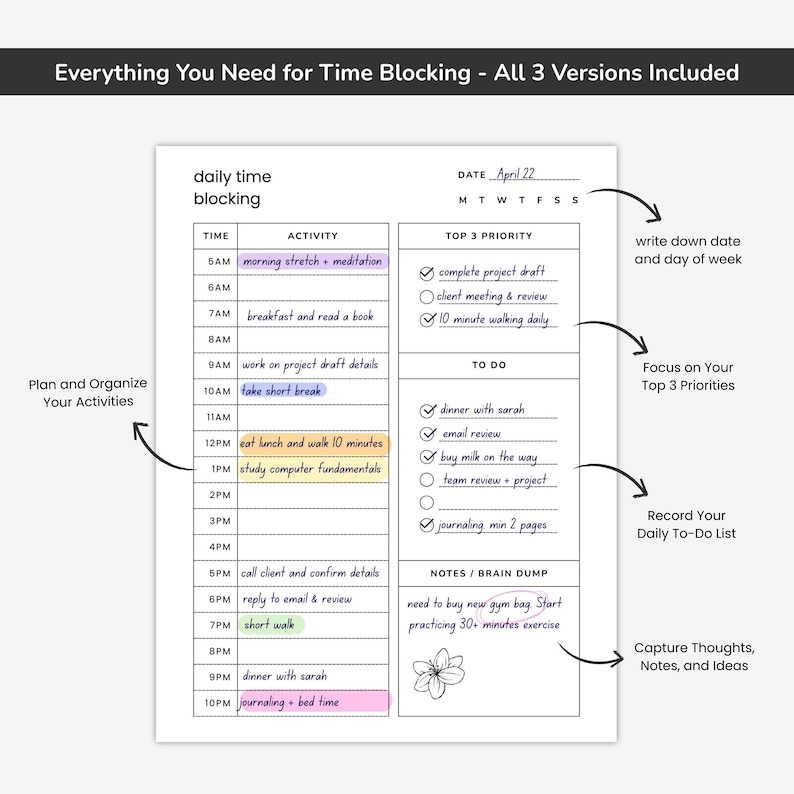 Minimalist Daily Time Blocking Template, Planner. Timeboxing ...