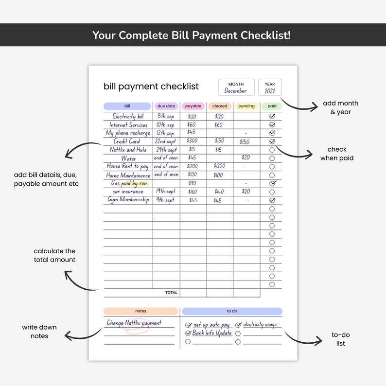 Monthly Bill Payment Checklist. Bill and Expense Tracker - Printable ...