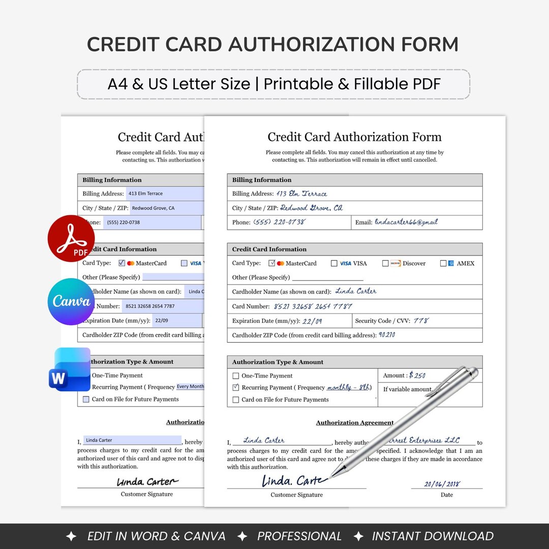 Printable & Fillable Credit Card Authorization Form Template : A4 ...