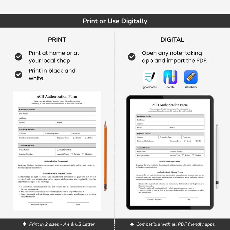 ACH Authorization Form Template - Standard : A4/letter (printable ...