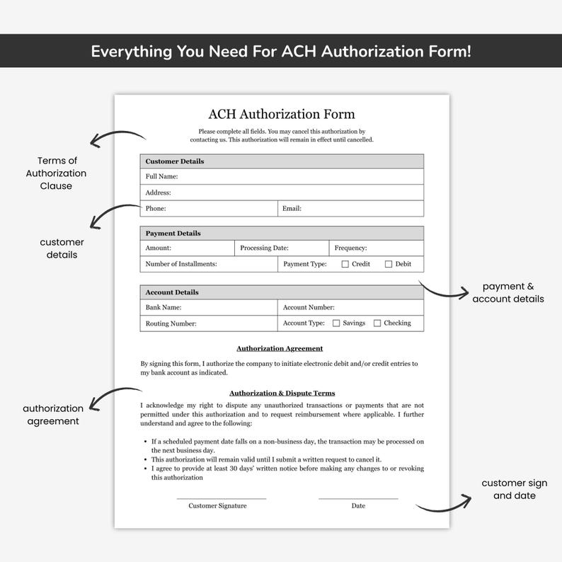 ACH Authorization Form Template - Standard : A4/letter (printable ...