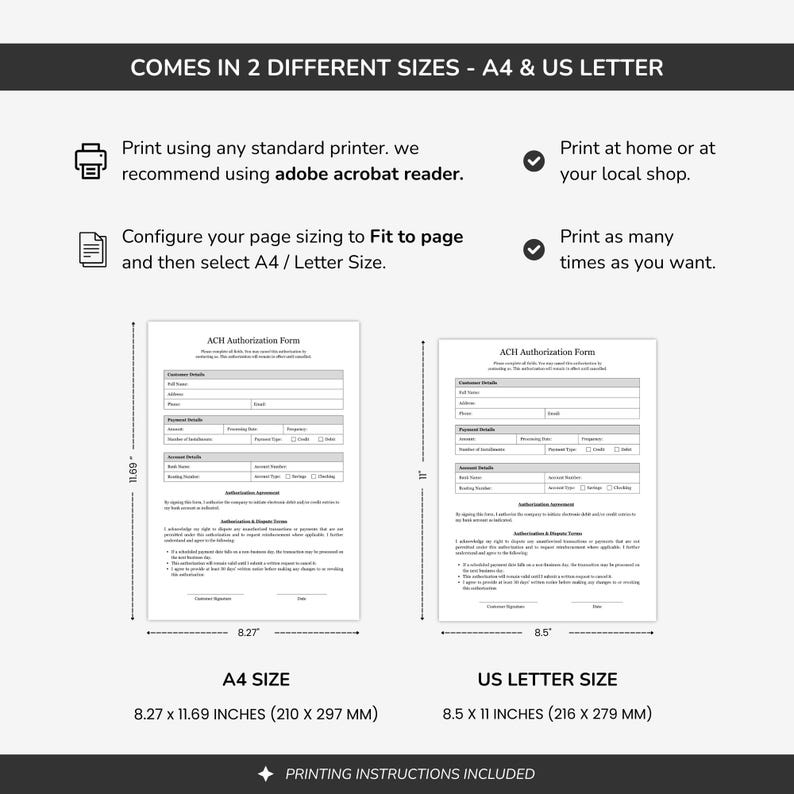 ACH Authorization Form Template - Standard : A4/letter (printable ...