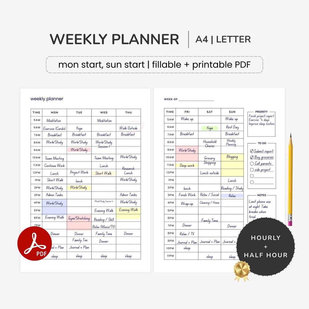 Weekly Hourly Planner & Half Hour Planner. 2 Pages Vertical : A4/letter ...
