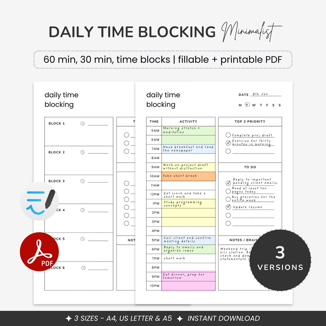 Daily Time Blocking. Timebox Template. Time Blocking Planner. Timebox ...