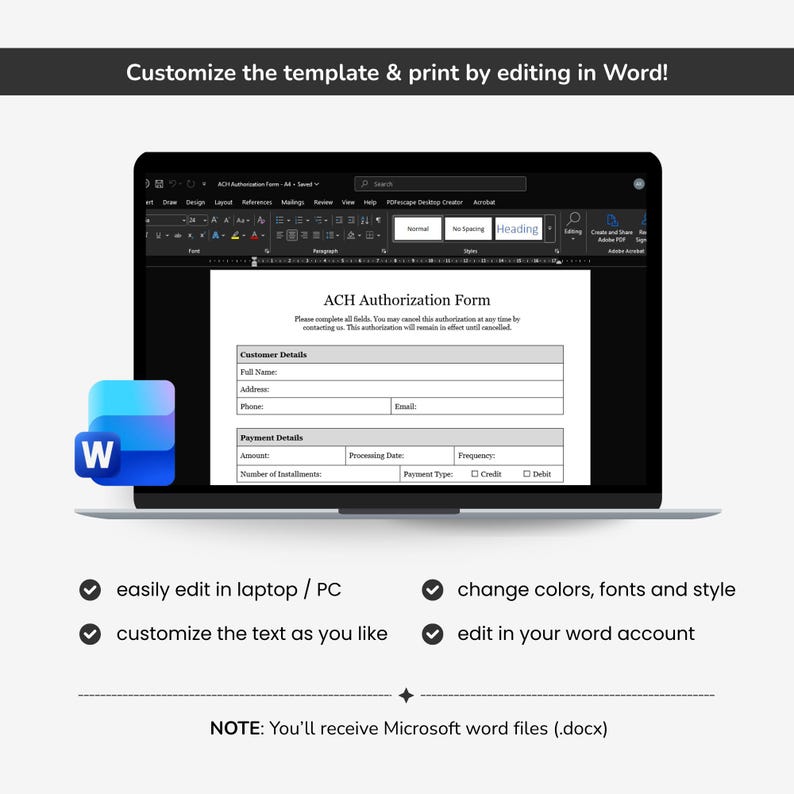 ACH Authorization Form Template - Standard : A4/letter (printable ...