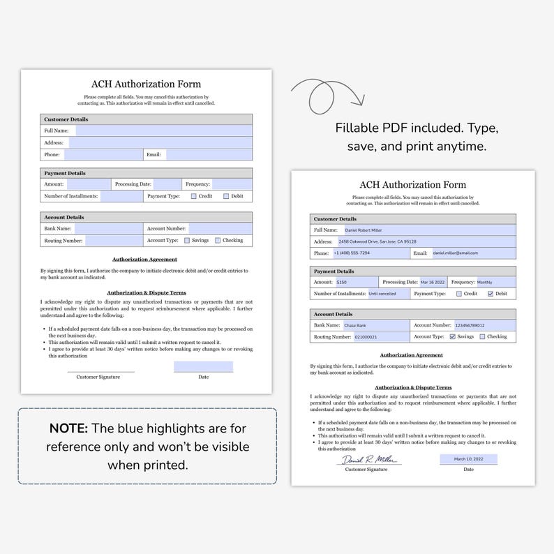 ACH Authorization Form Template - Standard : A4/letter (printable ...