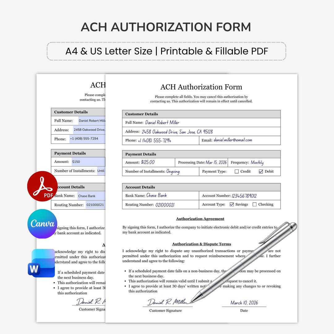 ACH Authorization Form Template - Standard : A4/letter (printable ...