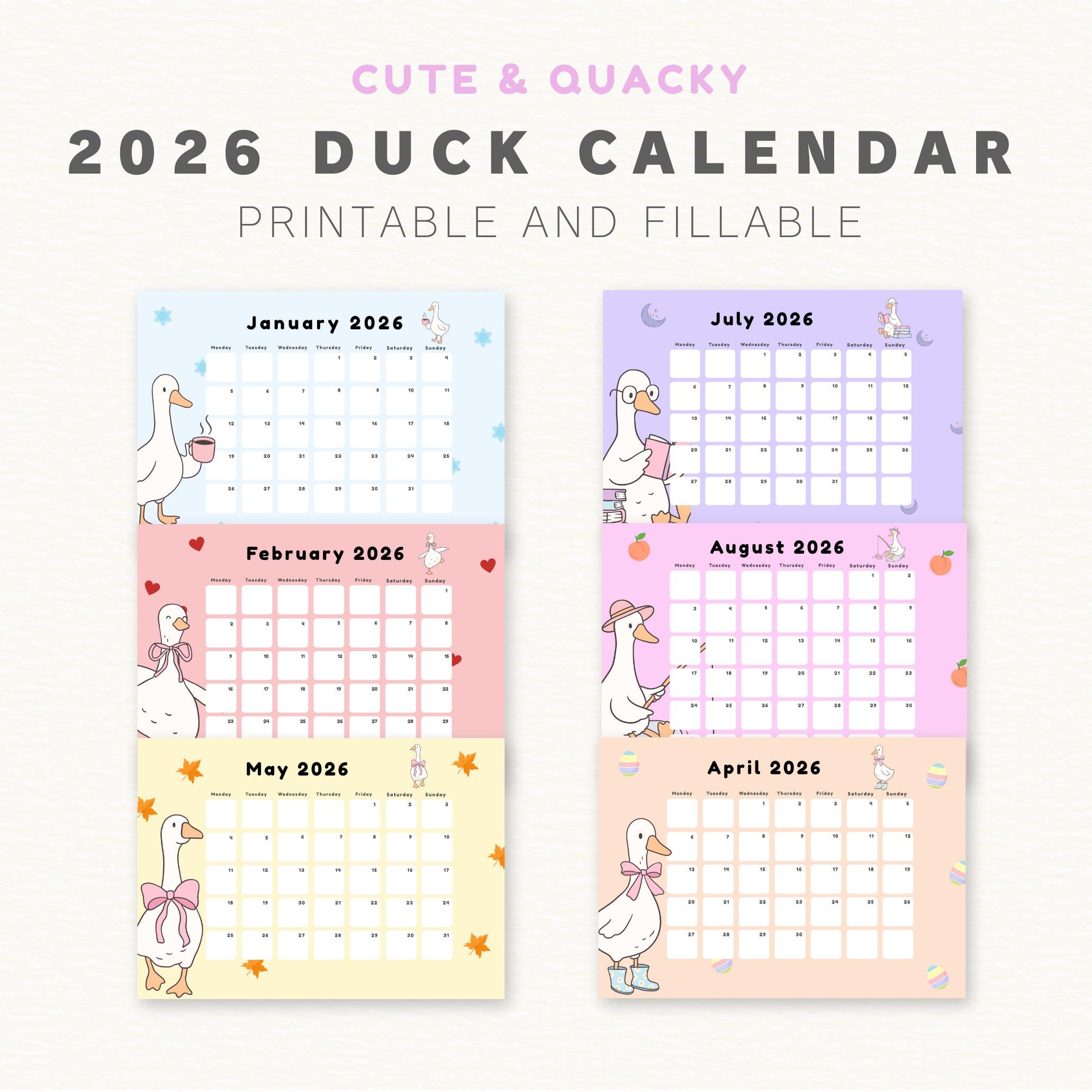 Duck Calendar 2026 – Cute A4 Printable Planner (canva Template) - Etsy ...