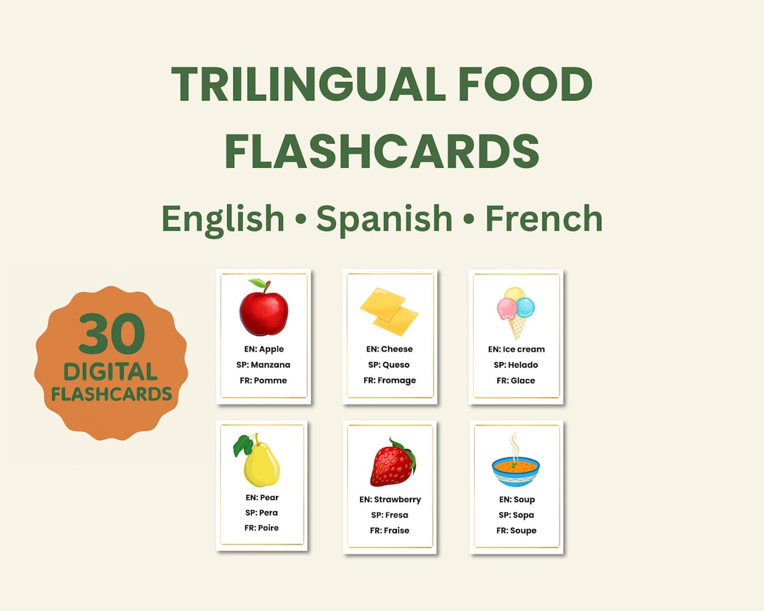 Trilingual Food Flashcards - English, Spanish, French Vocabulary ...