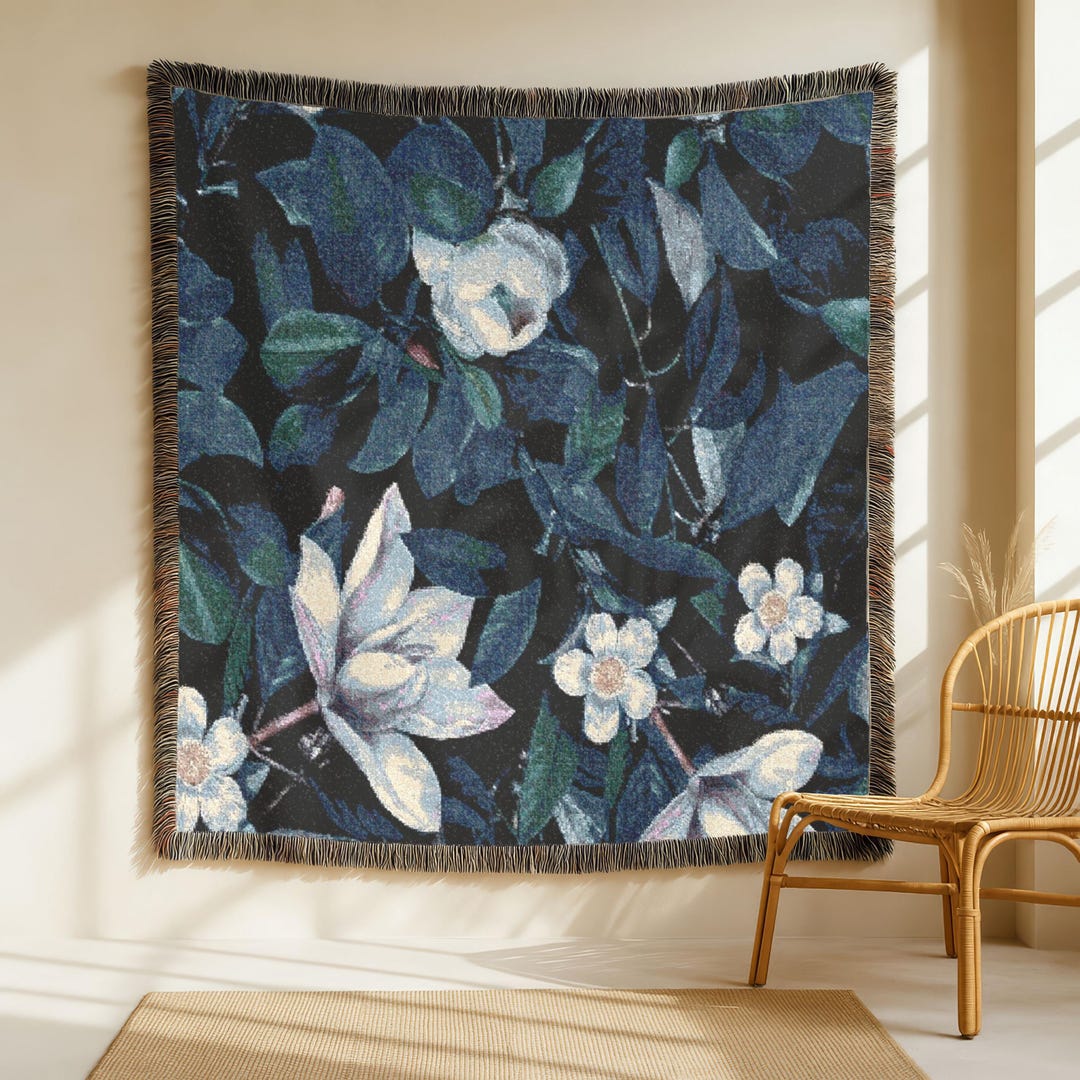 Dark Blue Floral Blanket Tapestry Set Elegant Magnolia Flower Throw ...
