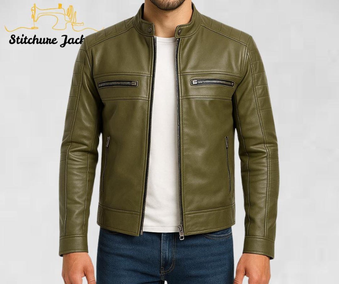 Men’s Military Green Café Racer Leather Jacket – Handcrafted Vintage ...
