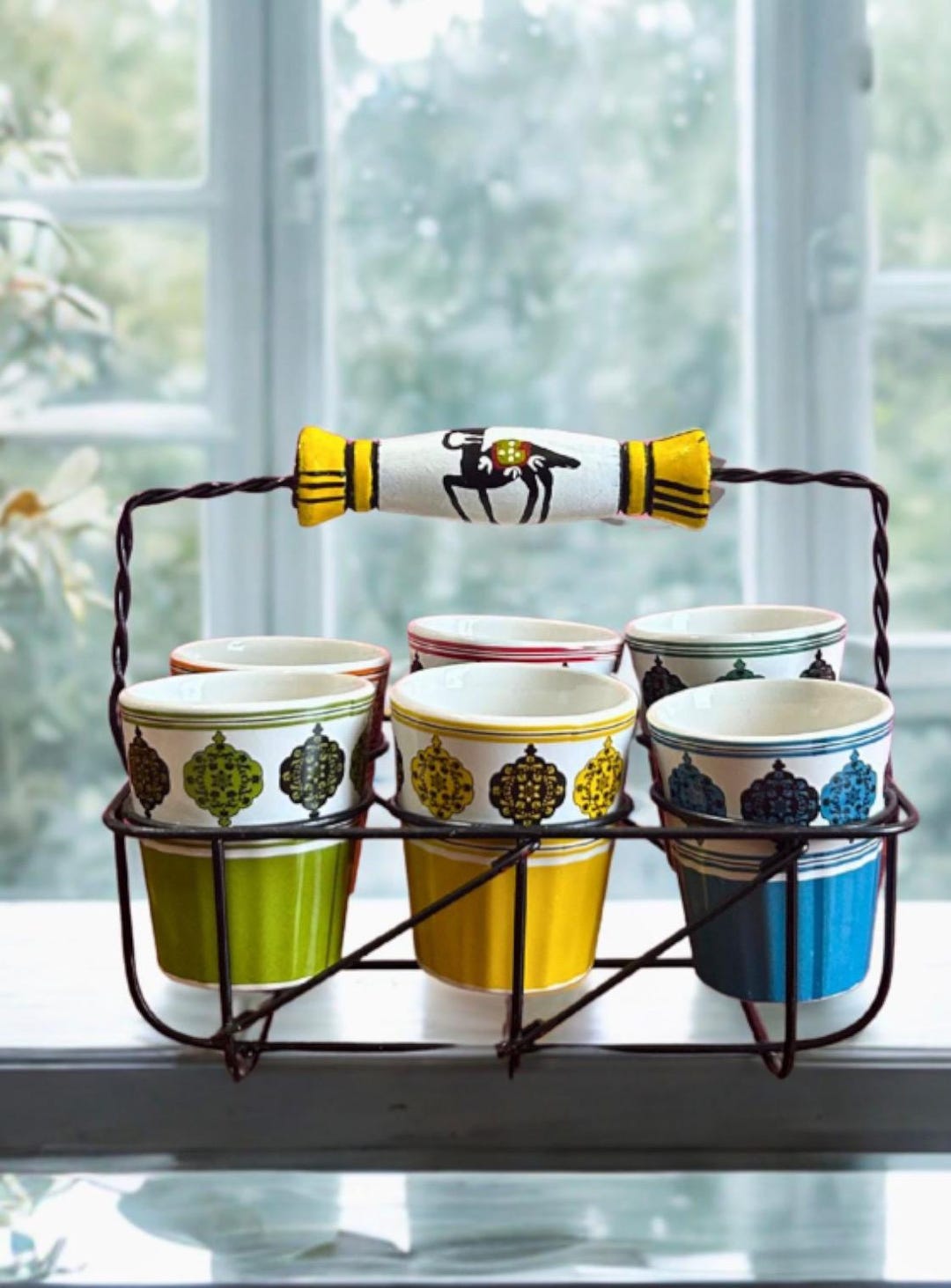 Handcrafted Ceramic Tea Cup Set With Iron Holder – Multicolor Kulhad - Etsy