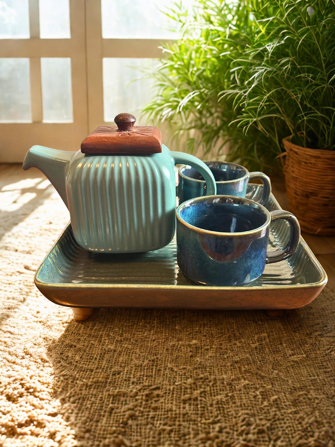 Modern Ceramic Tea Set for Two: Square Kettle With Wooden Lid - Etsy