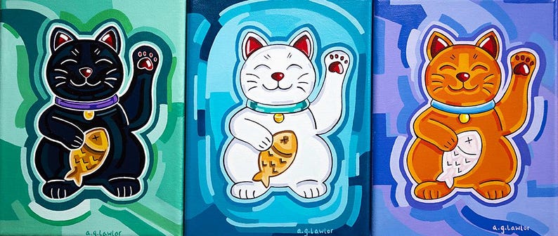 Japanese Lucky Cat Print, Maneki Neko Wall Art, Cute Ginger Cat With ...